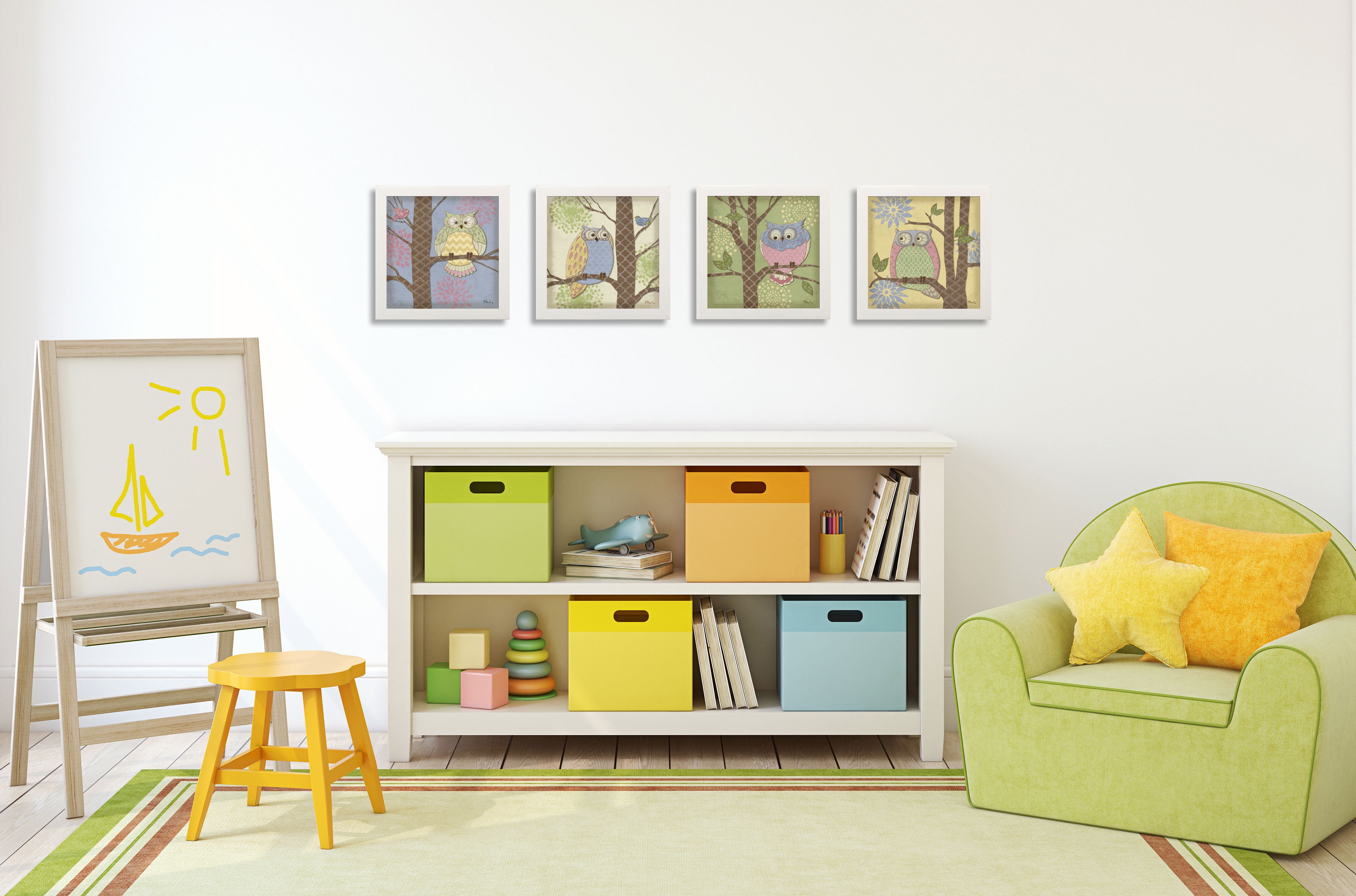 Gango Home Decor Whimsical Pastel Owl Kids or Nursery Wall Art; Four ...