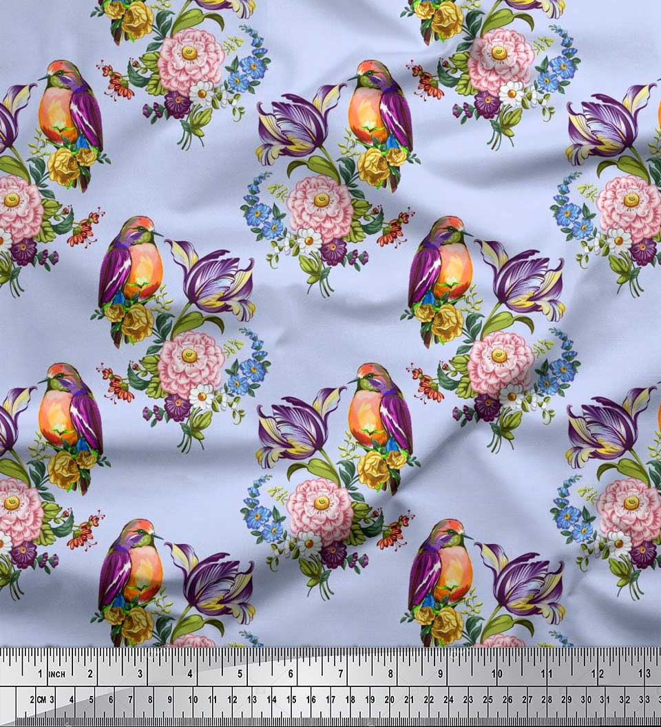 Soimoi Blue Poly Georgette Fabric Leaves,Floral & American Robin Bird ...
