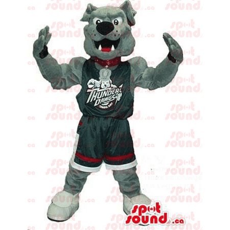 Grey Bulldog Plush SPOTSOUND Mascot In Basketball Team Gear With Text ...
