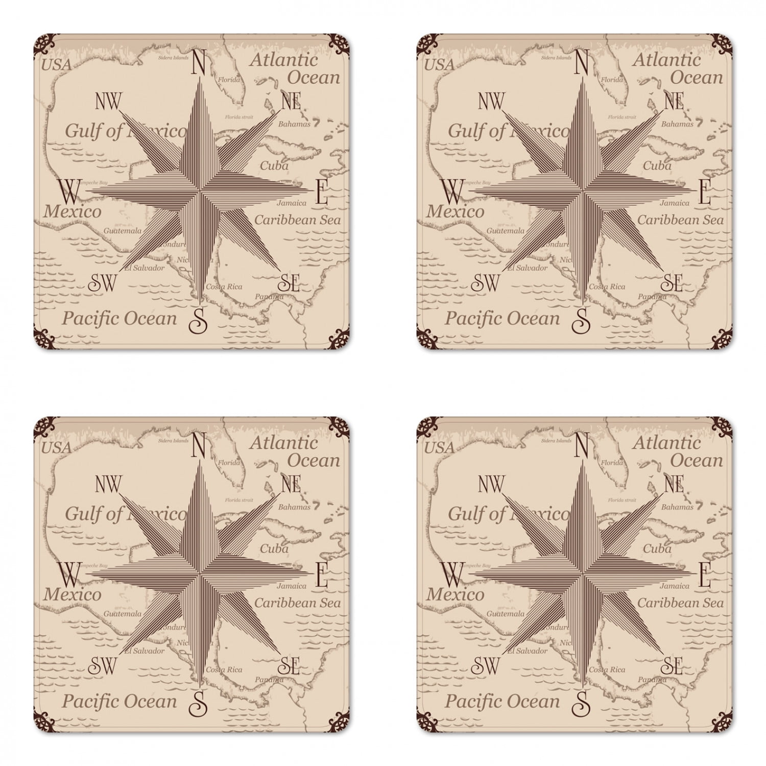 Compass Coaster Set of 4, Central American Map Caribbeans Background ...