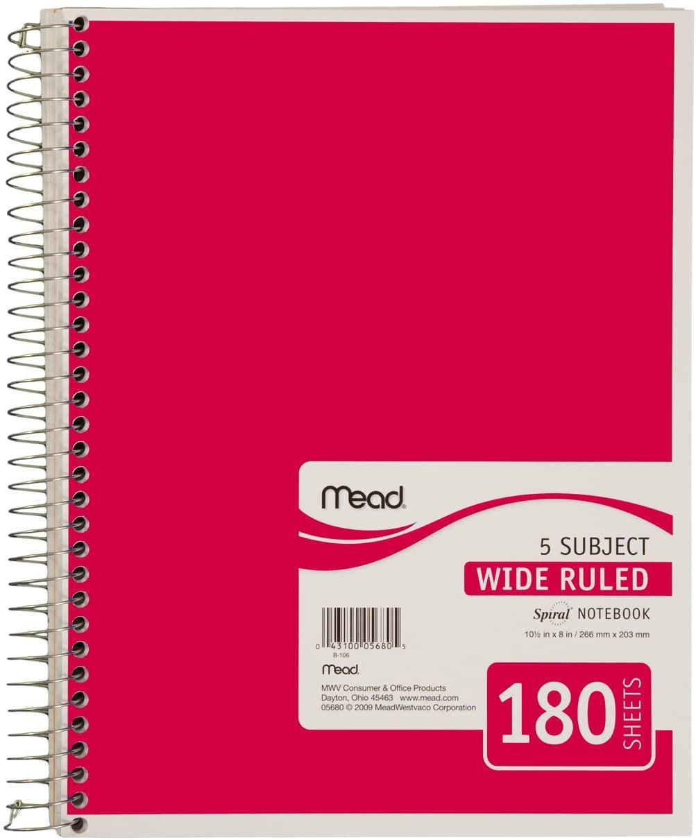 Mead Spiral Notebook, 5-Subject, 180-Count, Wide Ruled, Red (72237 ...