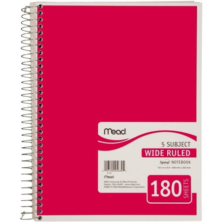 Mead Spiral Notebook, 5-Subject, 180-Count, Wide Ruled, Red (72237 ...