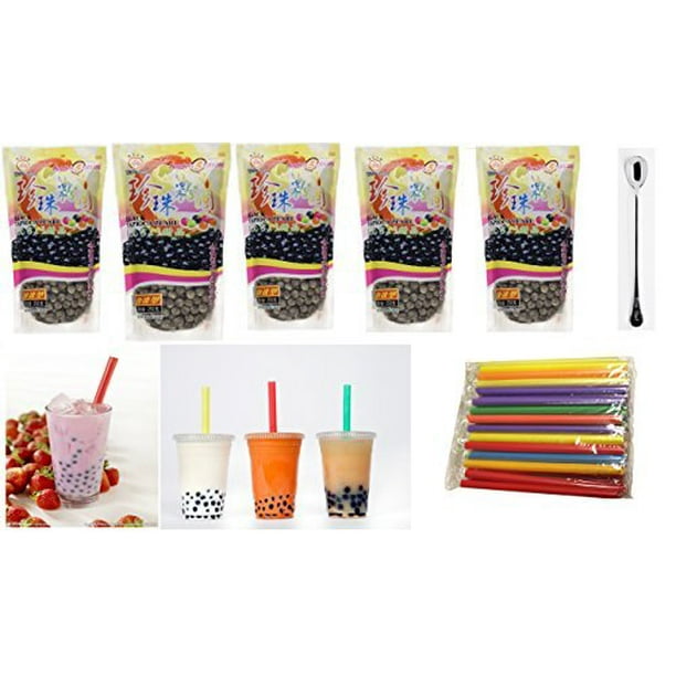 NineChef Bundle - WuFuYuan - Black Tapioca Pearl 8.8 Oz (5 bag) + 35 Extra wide Fat Boba ...