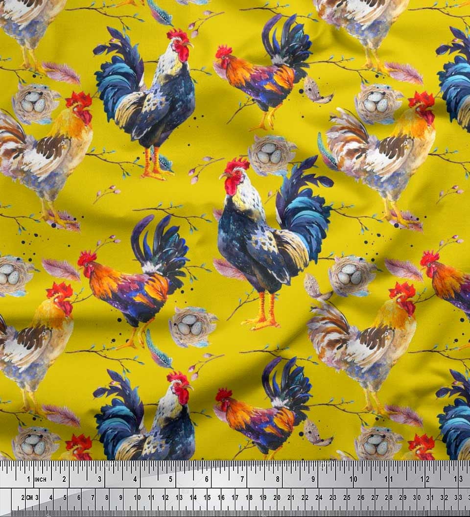 Soimoi Poly Georgette Fabric Eggs,Nest & Hen Bird Printed Fabric 1 Yard ...