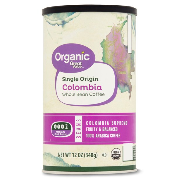 Great Value Organic Single Origin Colombia, Medium Roast, Whole Bean Coffee, 12 oz, Can ...