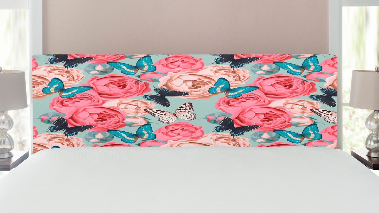 Butterfly Headboard, Peony Roses Butterflies Romantic Graphic Print ...