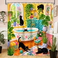 Boho Black Cat Shower Curtain, Colorful Tropical Plant Bathroom Decor ...