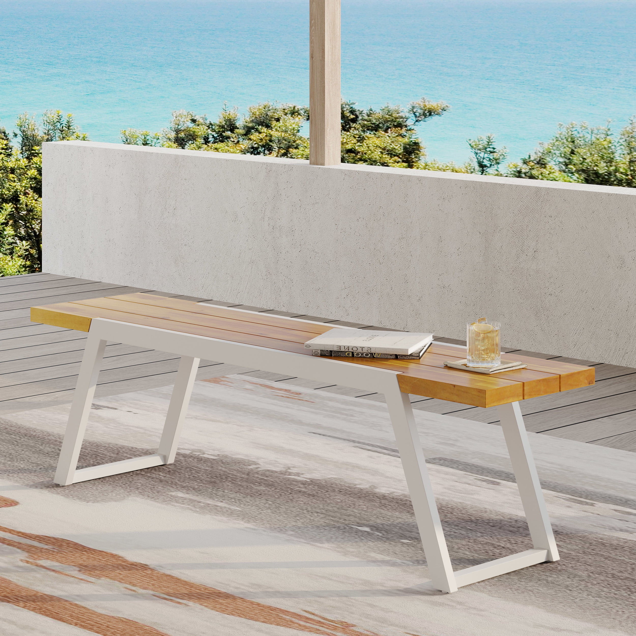 Goliath Acacia Wood Outdoor Dining Bench, Teak and White - Walmart.com