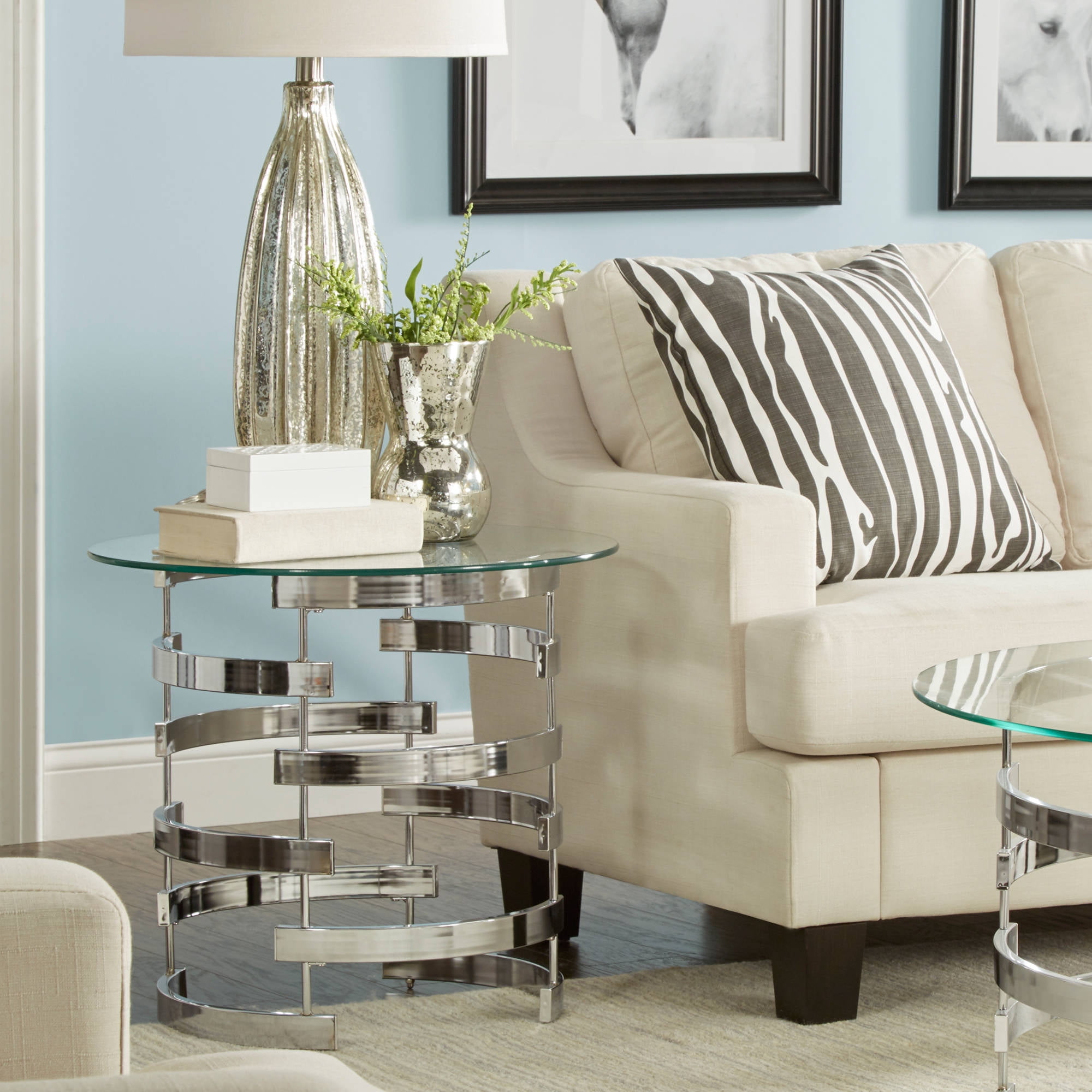 Chelsea Lane Cleave Modern Glam Glass and Metal Round End Table, Chrome ...