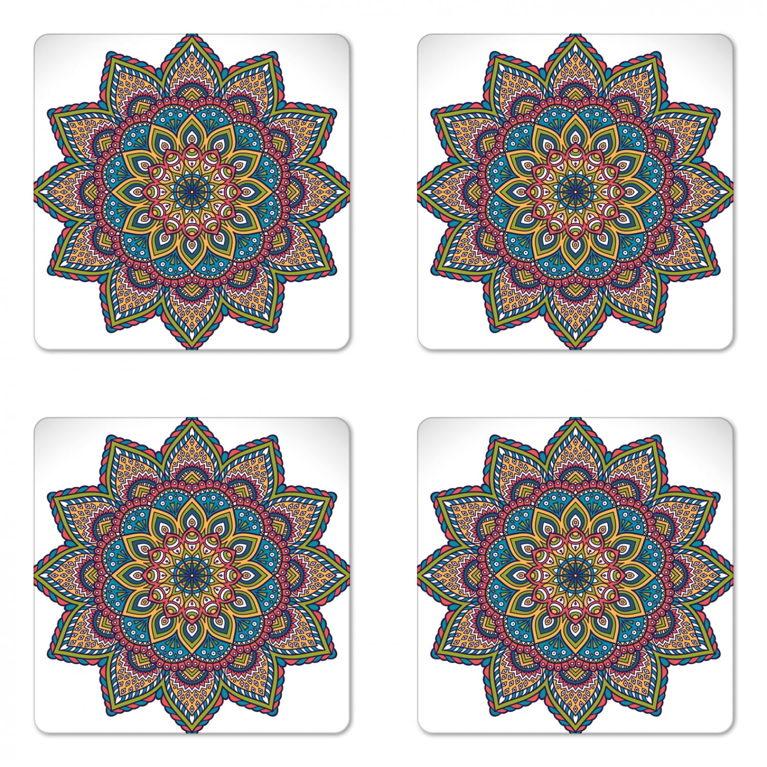 Mandala Coaster Set of 4, Design in Colorful Vivid Scheme with Floral ...