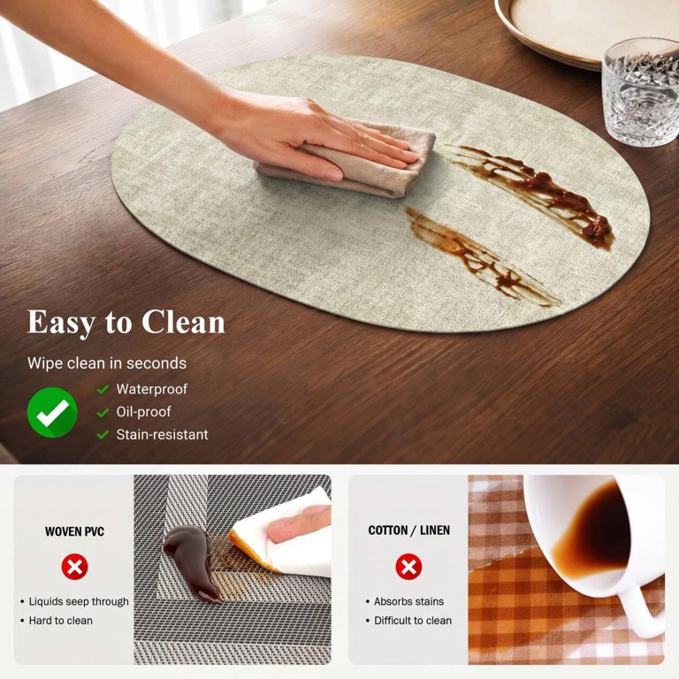 Faux Leather Oval Placemats Set of 6, Sage Green | Non-Slip & Heat ...