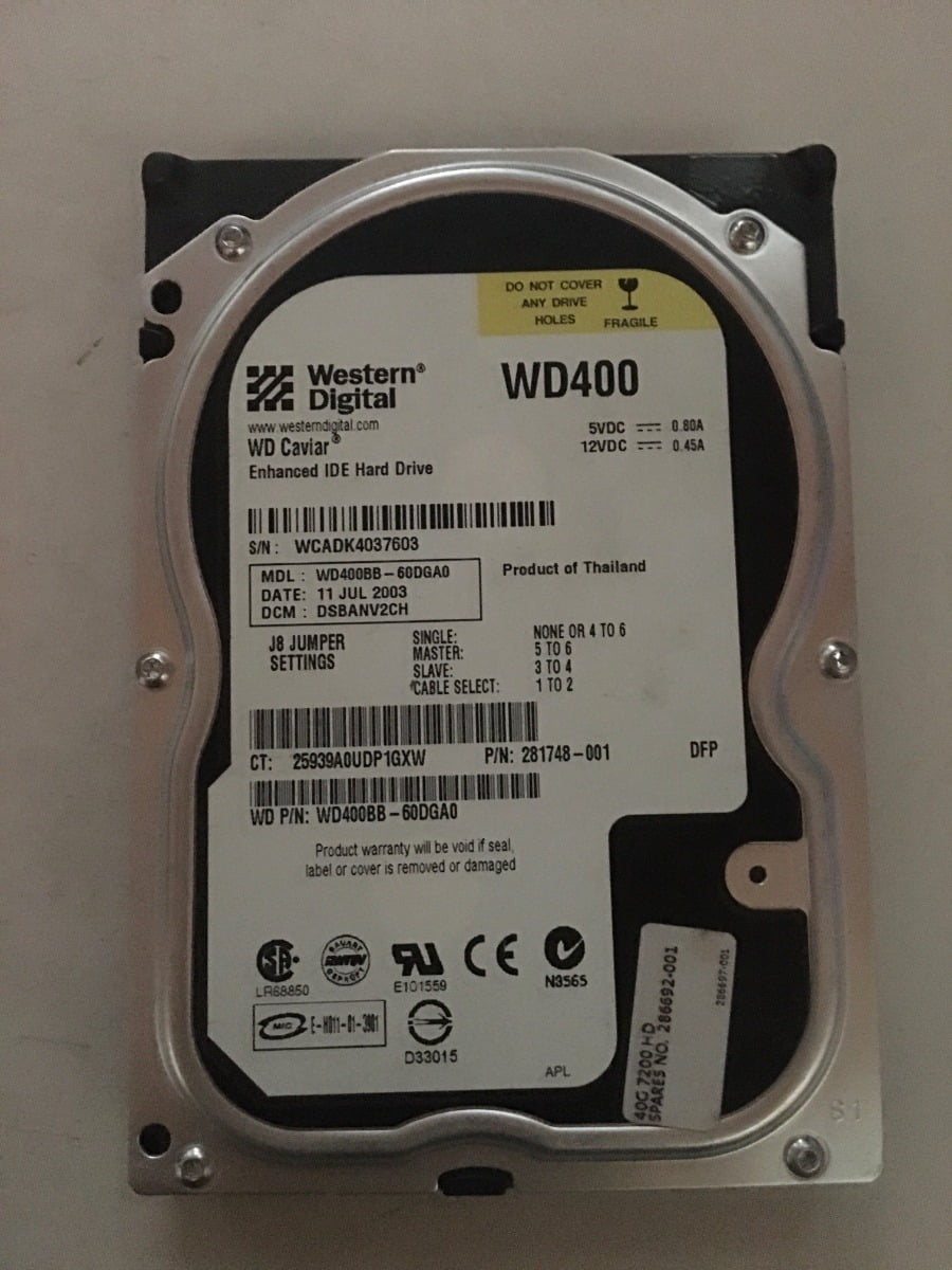 40GB IDE HDD, WD CAVIAR WD400BB-60DGA0, 11JUL2003 DCM: DSBANV2CH, P/N ...