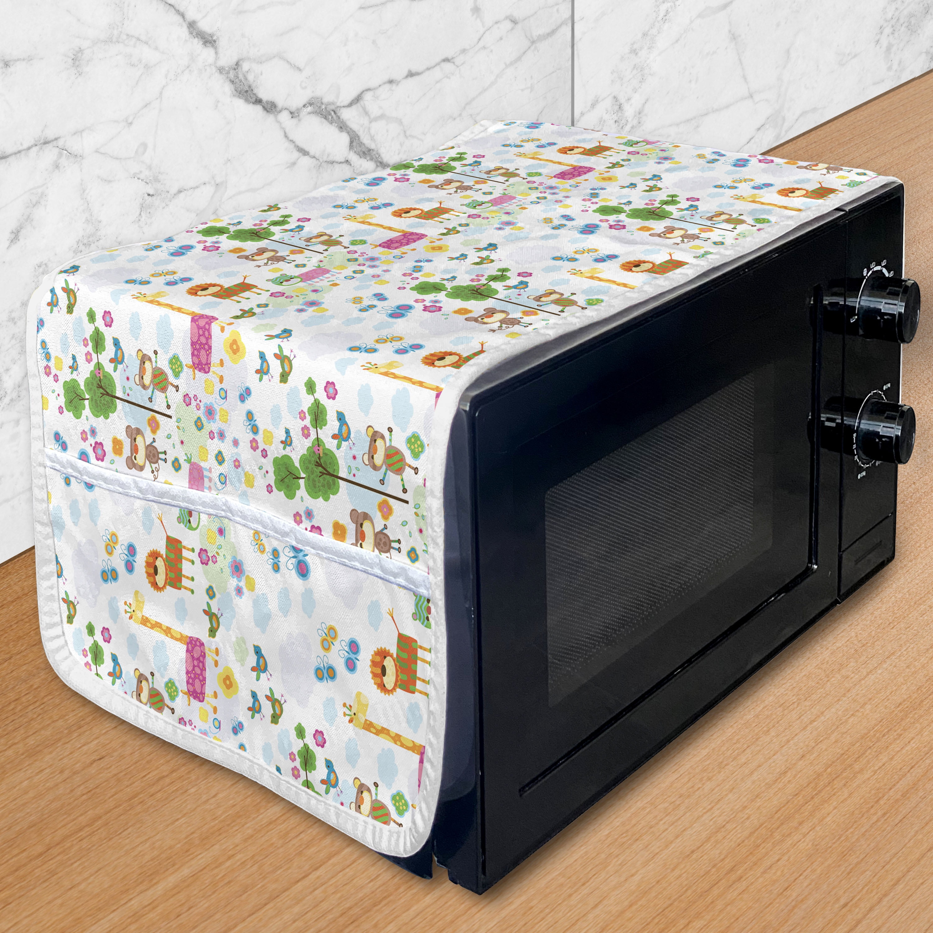 Cartoon Microwave Oven Cover, Floral Background with Funny and Animals ...