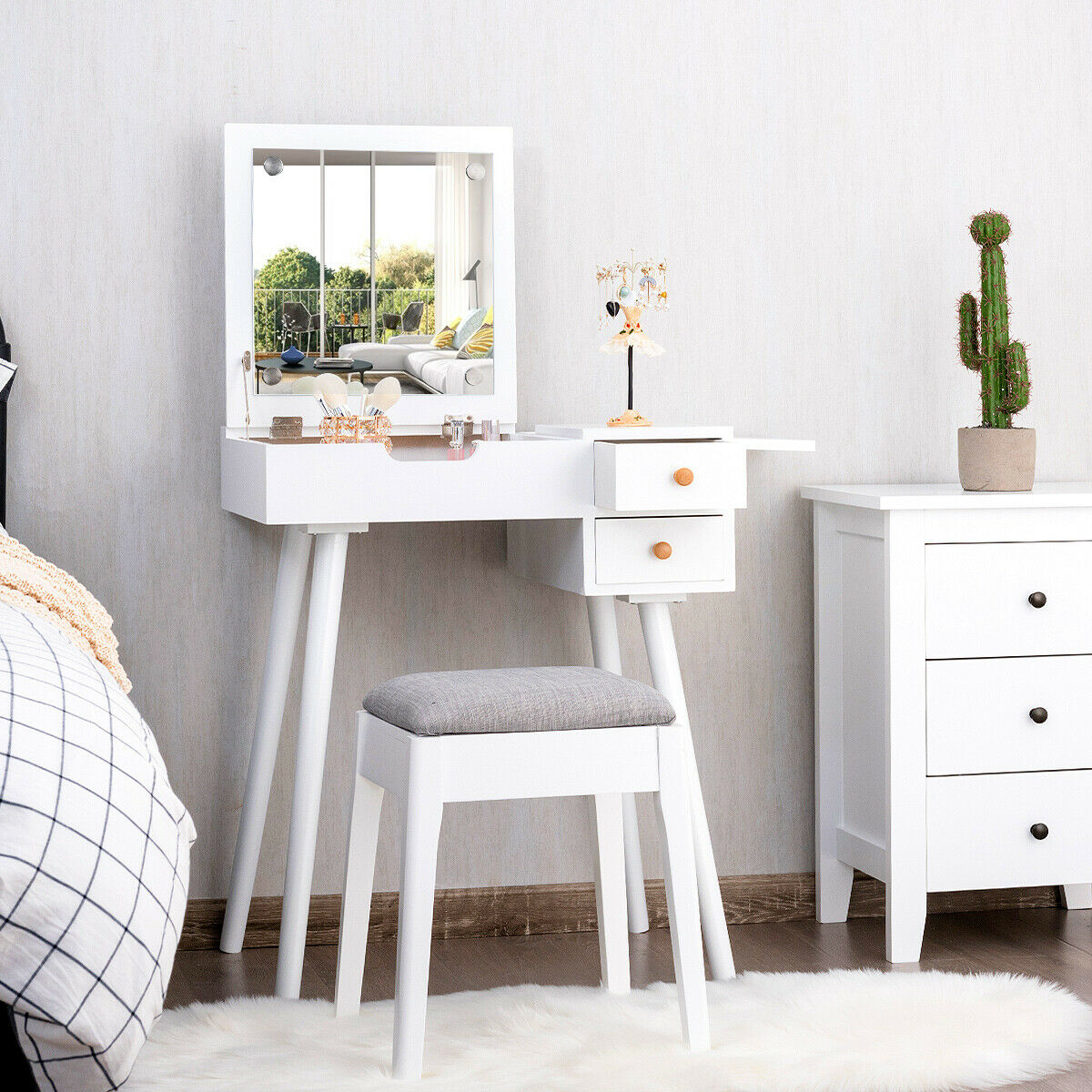 Costway Vanity Table Flip Top Dressing Table Makeup Desk Stool Costway Vanity Table Flip Top Dressing Table Makeup Desk Stool