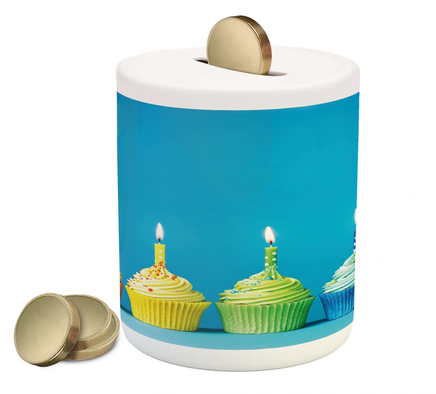Birthday Piggy Bank, Cupcakes in Rainbow Colors with Candles Fun ...