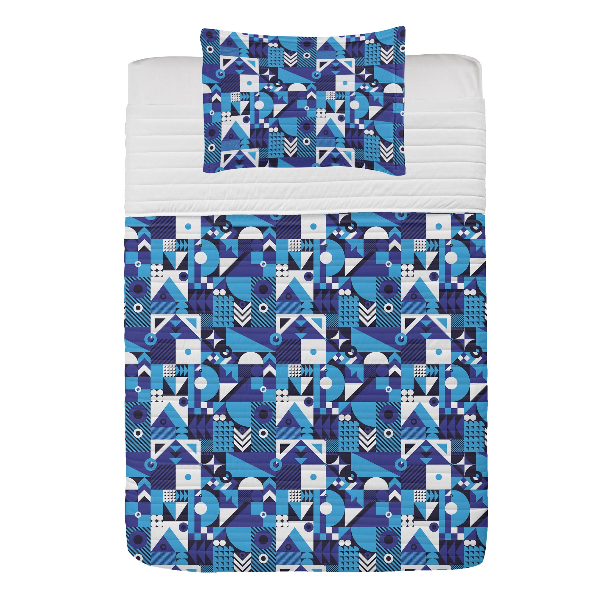 Navy Blue Microfiber Bedspread Set, Contemporary Geometric Mosaic with ...