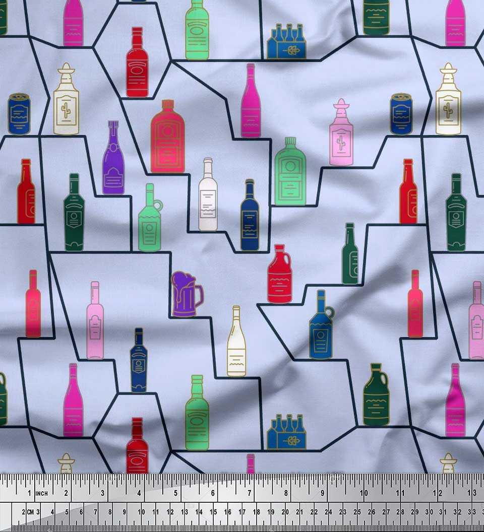 Soimoi Crepe Silk Fabric Beer Cane,Glass & Bottle Bar Print Fabric by ...