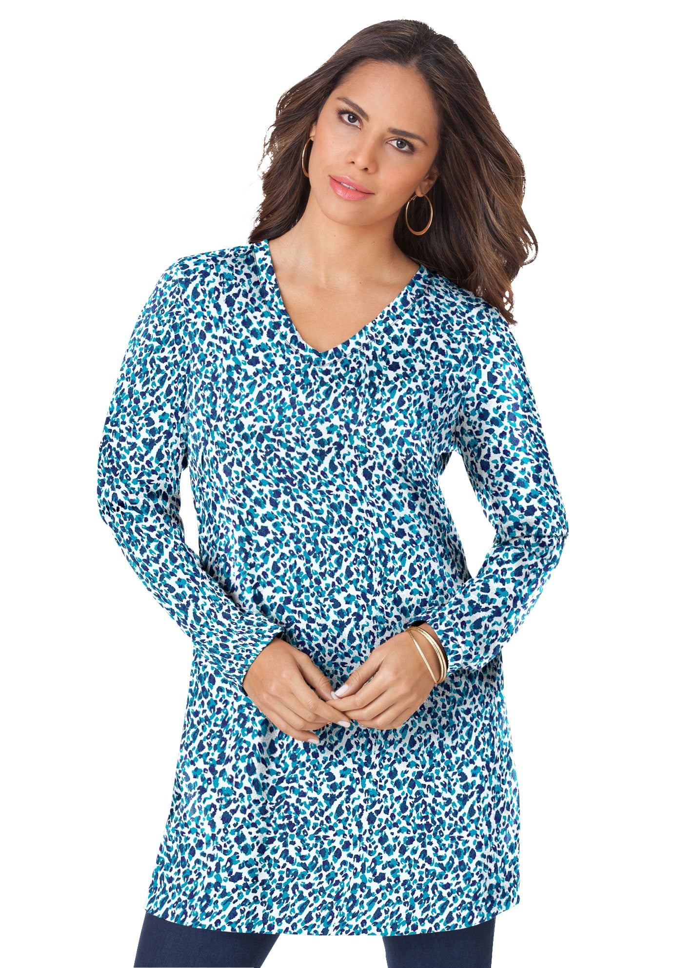 Roamans Womens Plus Size Long Sleeve V Neck Ultimate Tunic Long Shirt