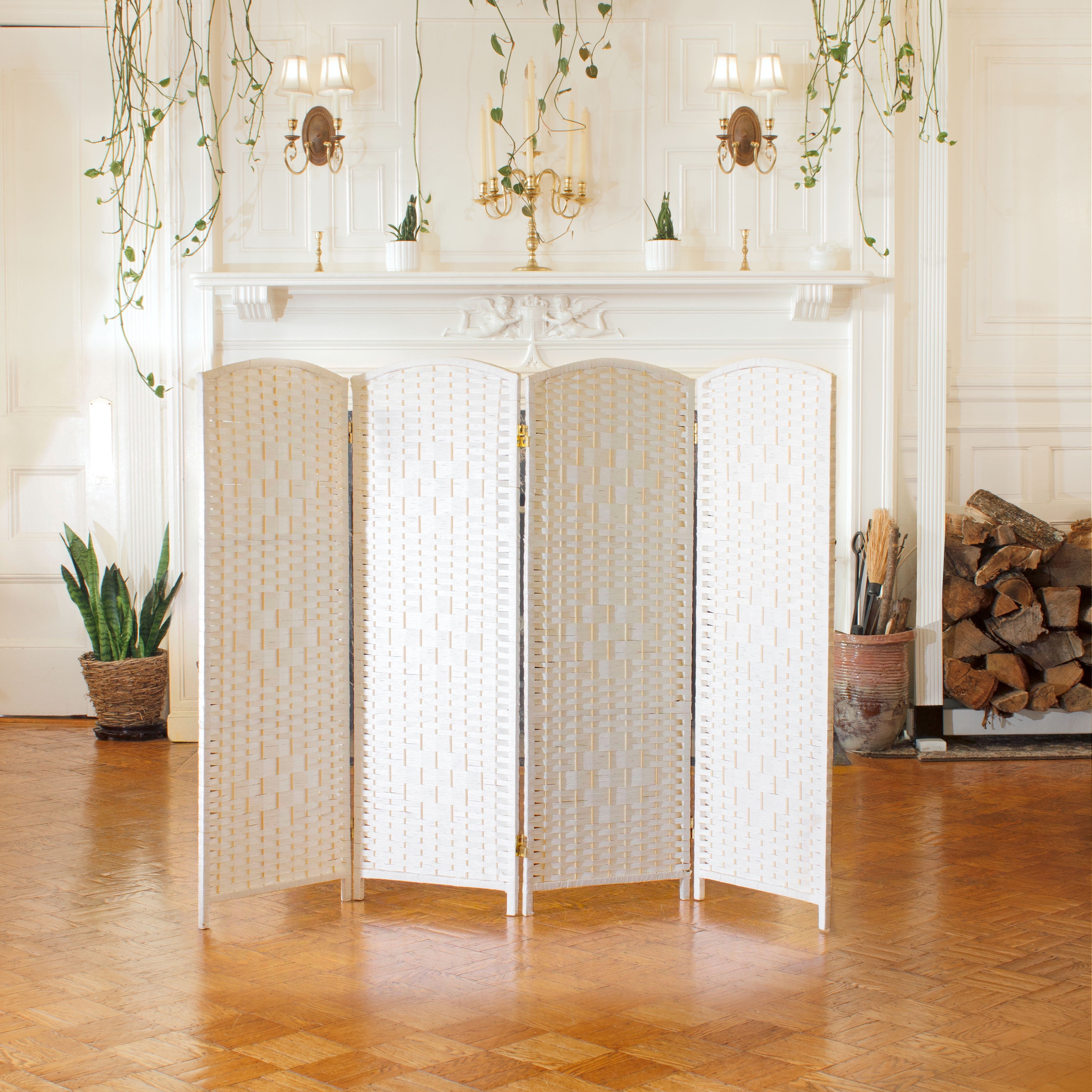 4 ft. Short Diamond Weave Fiber Folding Screen - White - 4 Panel ...