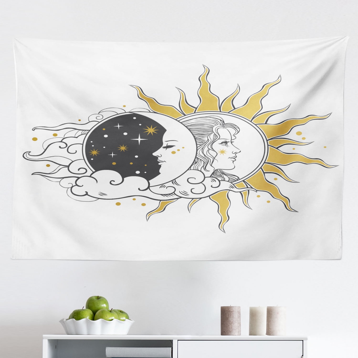 Moon Rays Tapestry, Humanized Illustrations of Sun and Crescent Starry ...