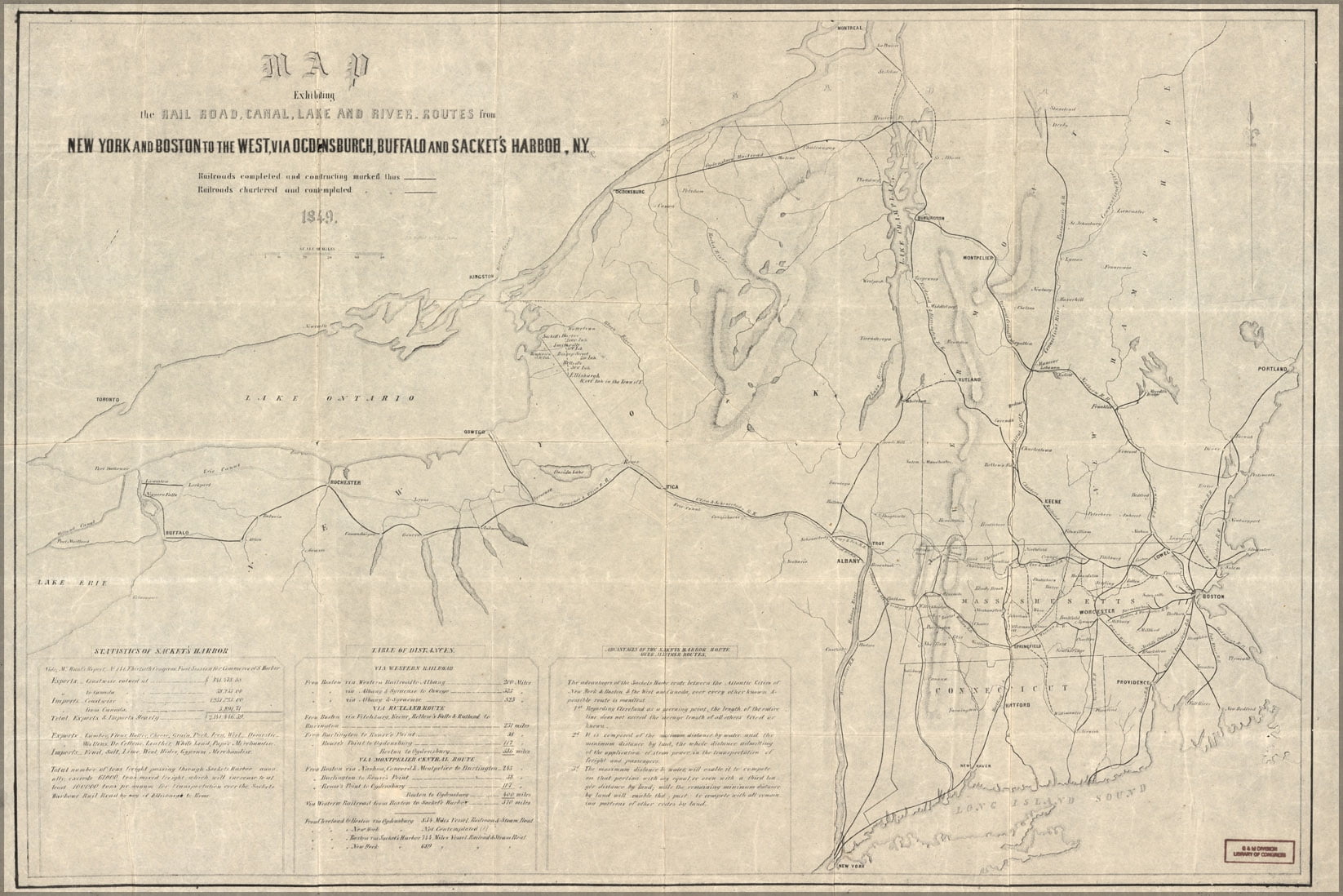 24"x36" Gallery Poster, Map transport routes New York city Boston 1849 ...