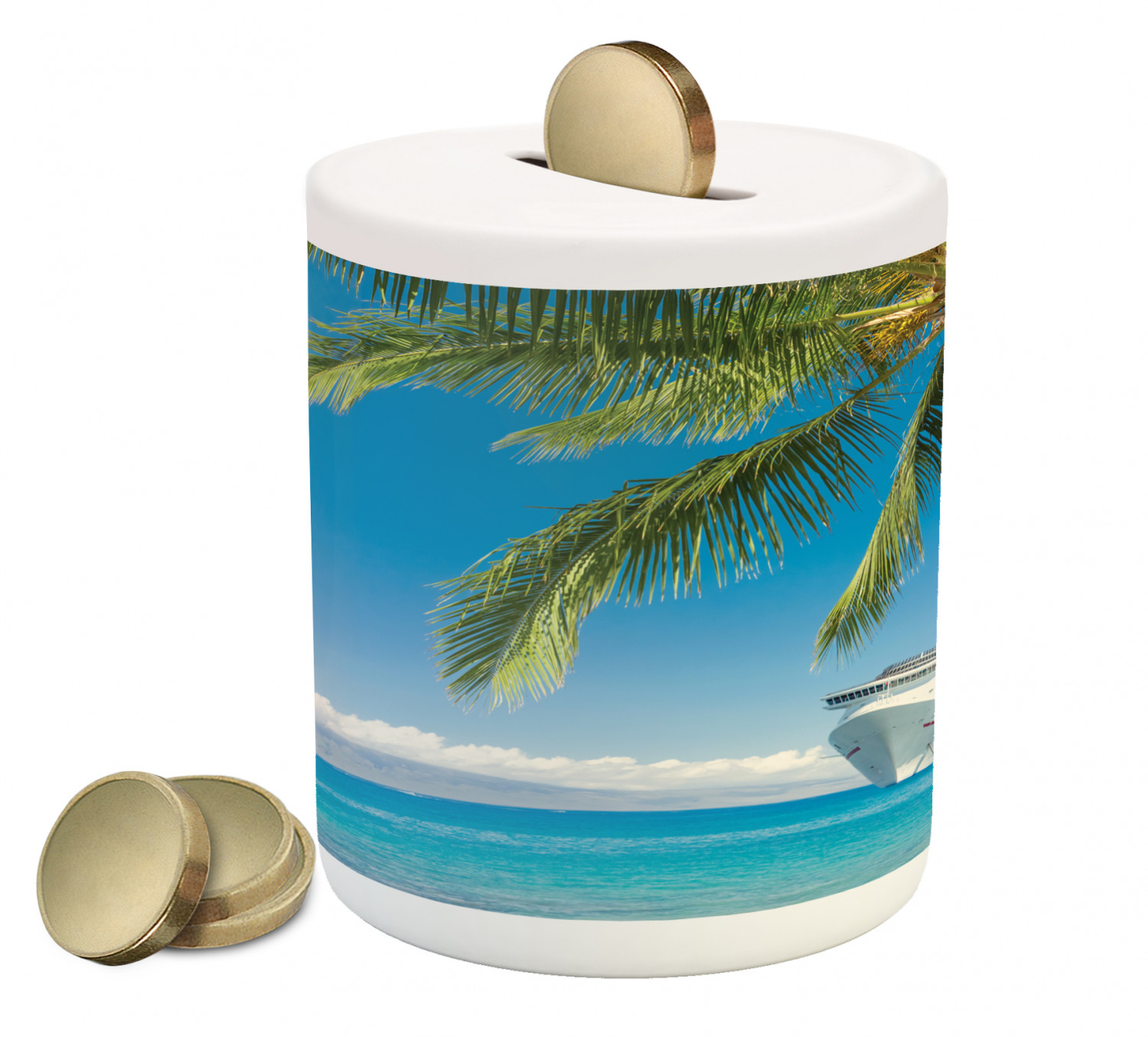 Nautical Piggy Bank, Large Cruise Ship Heads to Tropical Sandy Beach ...