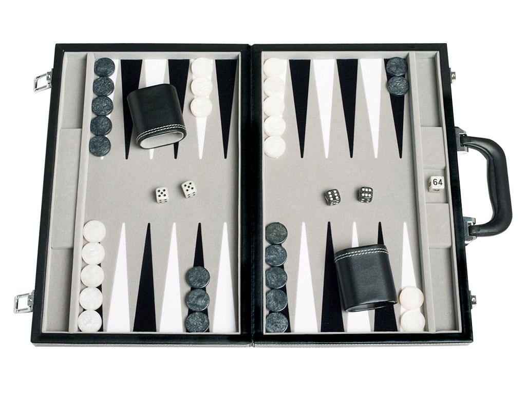 15-inch Leatherette Backgammon Set - Inlaid Velvet Field - Black/Grey ...