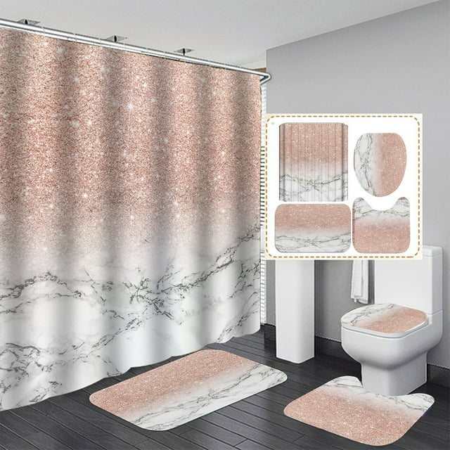 Godderr 4 Pcs Curtain Sets Marble Bathroom Curtains Shower Decor With