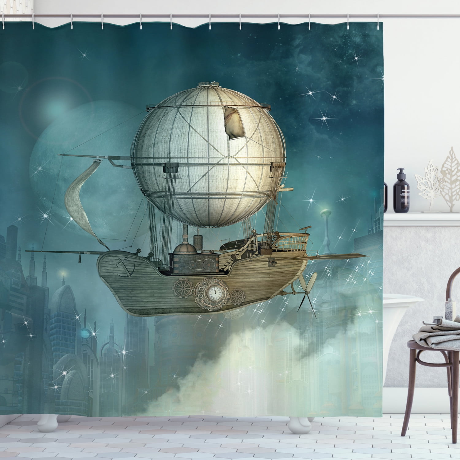 Steampunk Shower Curtain, Fantastic Airship Flying Over a Futuristic ...