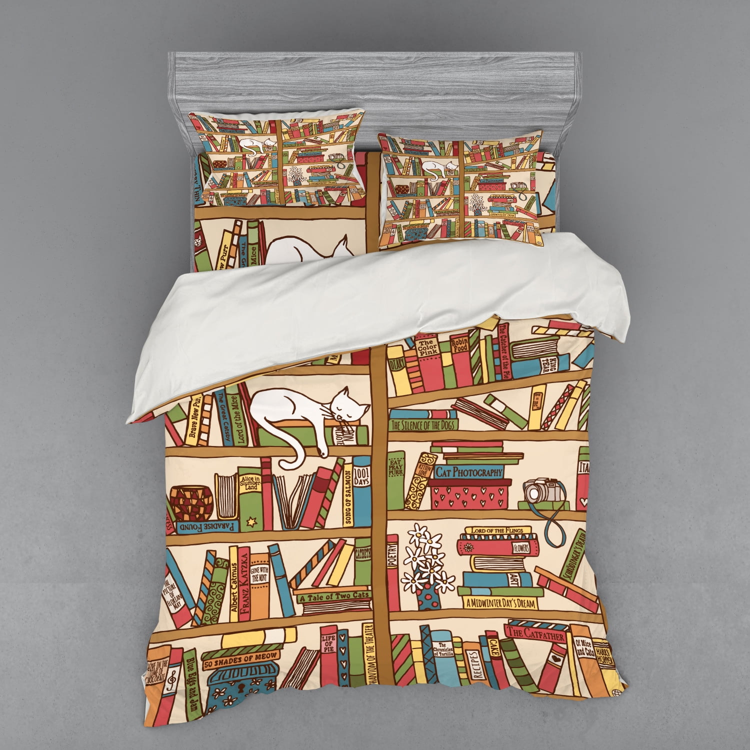 Cat Duvet Cover Set, Nerd Book Lover Kitty Sleeping over Bookshelf ...