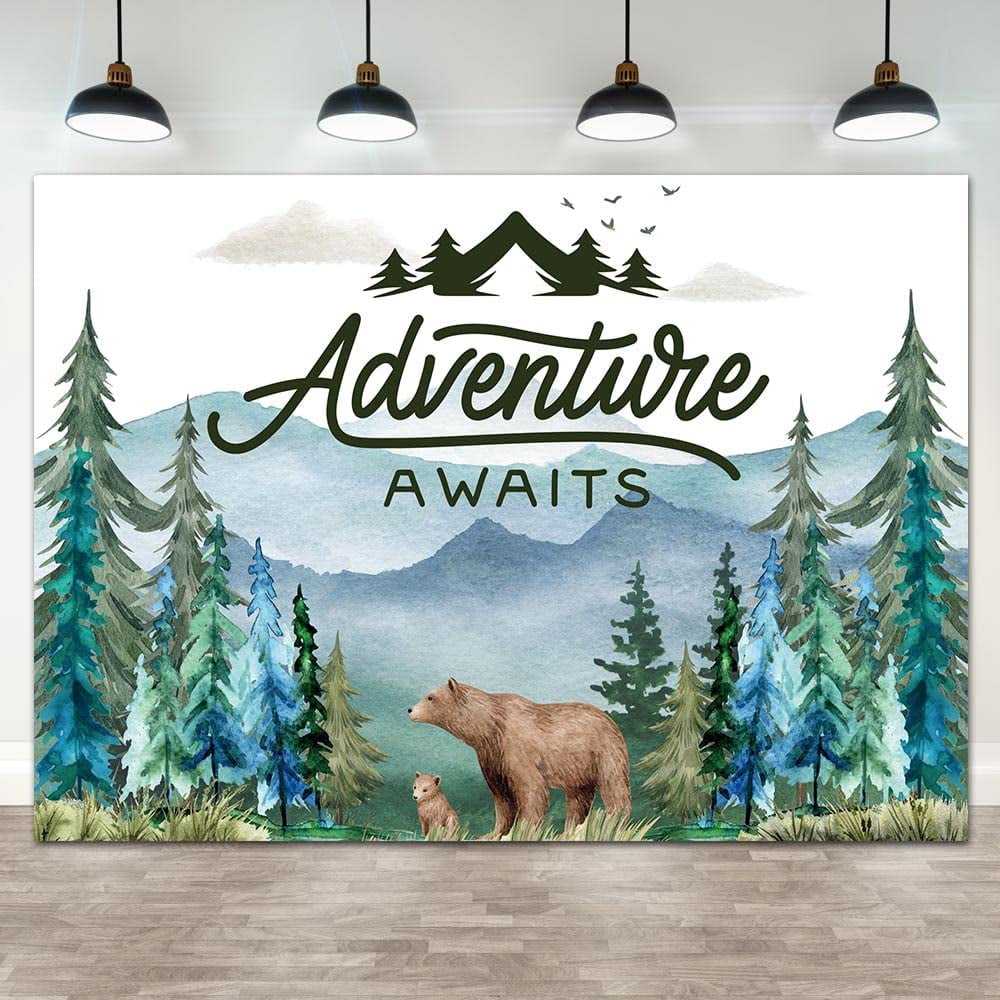 7×5ft Adventure Awaits Baby Shower Backdrop Winter Pine Tree Mountain ...