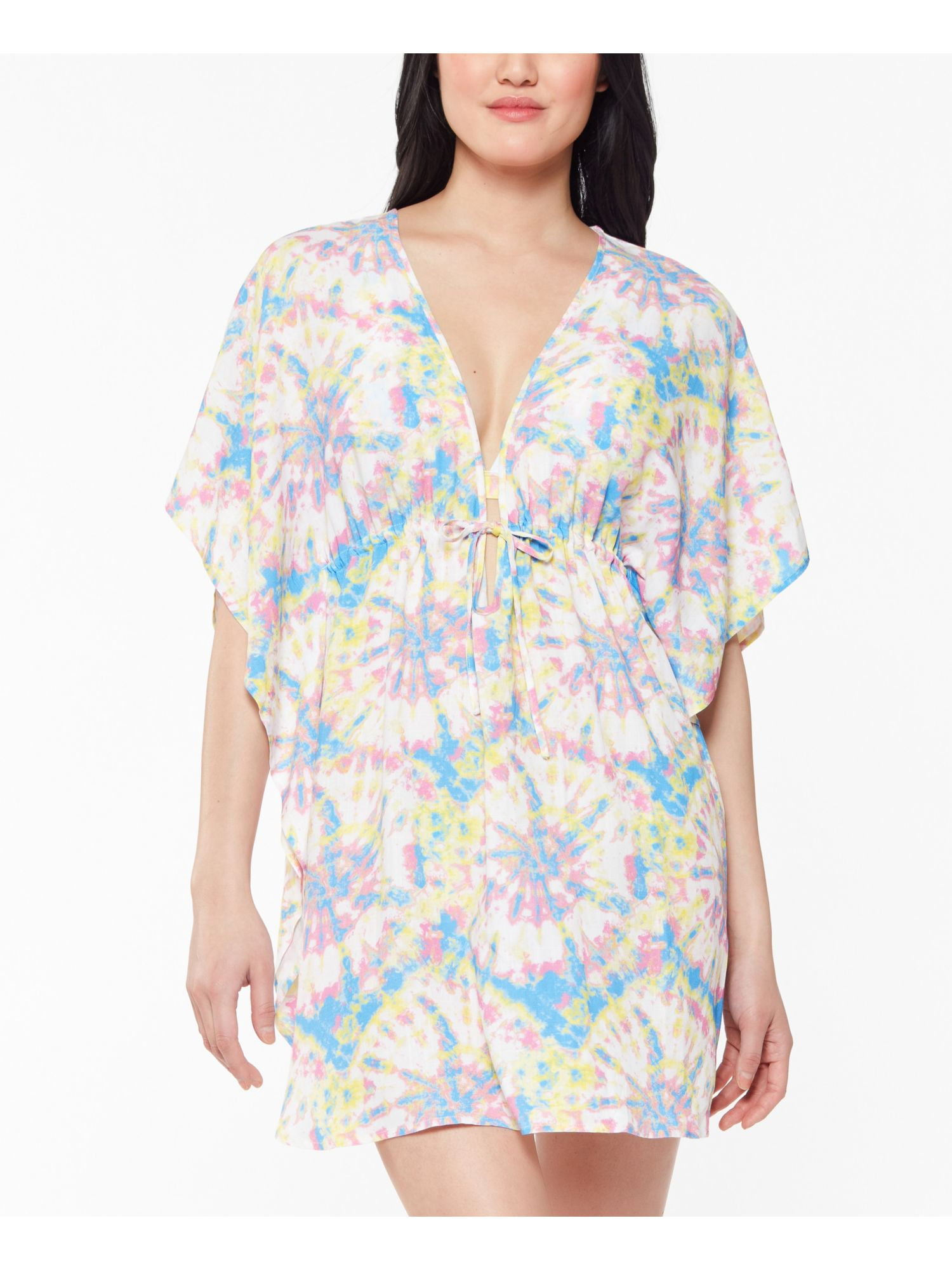 JESSICA SIMPSON Women's Yellow Tie Dye Self-tie Drawstring Waist Deep V ...