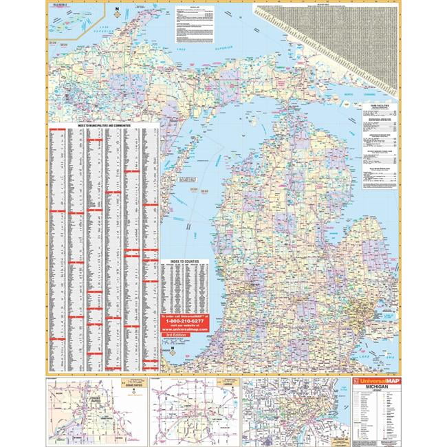 Univarsal 911642110002-54x68-LAM 54 x 68 in. Michigan State Wall Map ...