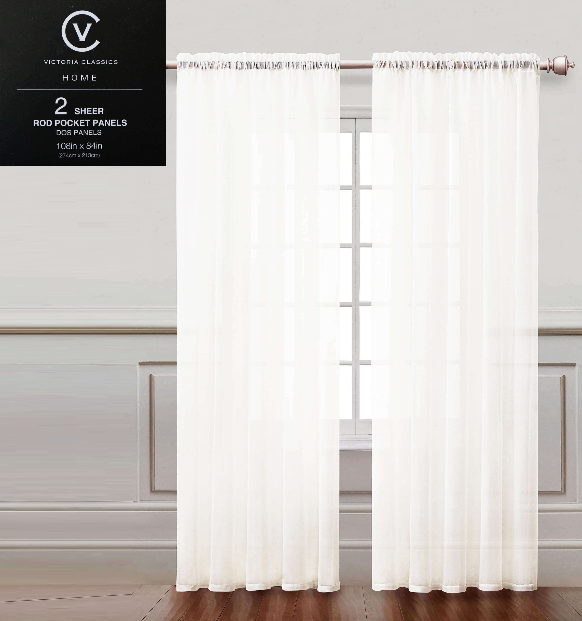 Two (2) White Sheer Rod Pocket Window Curtain Panels: 108"W x 84"L ...