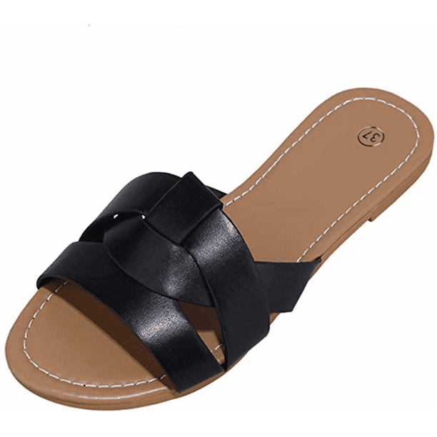 Women ' s Summer Flat Slides Sandals Casual Strap Cross Slip On Sliders Beach Flat Sandals ...