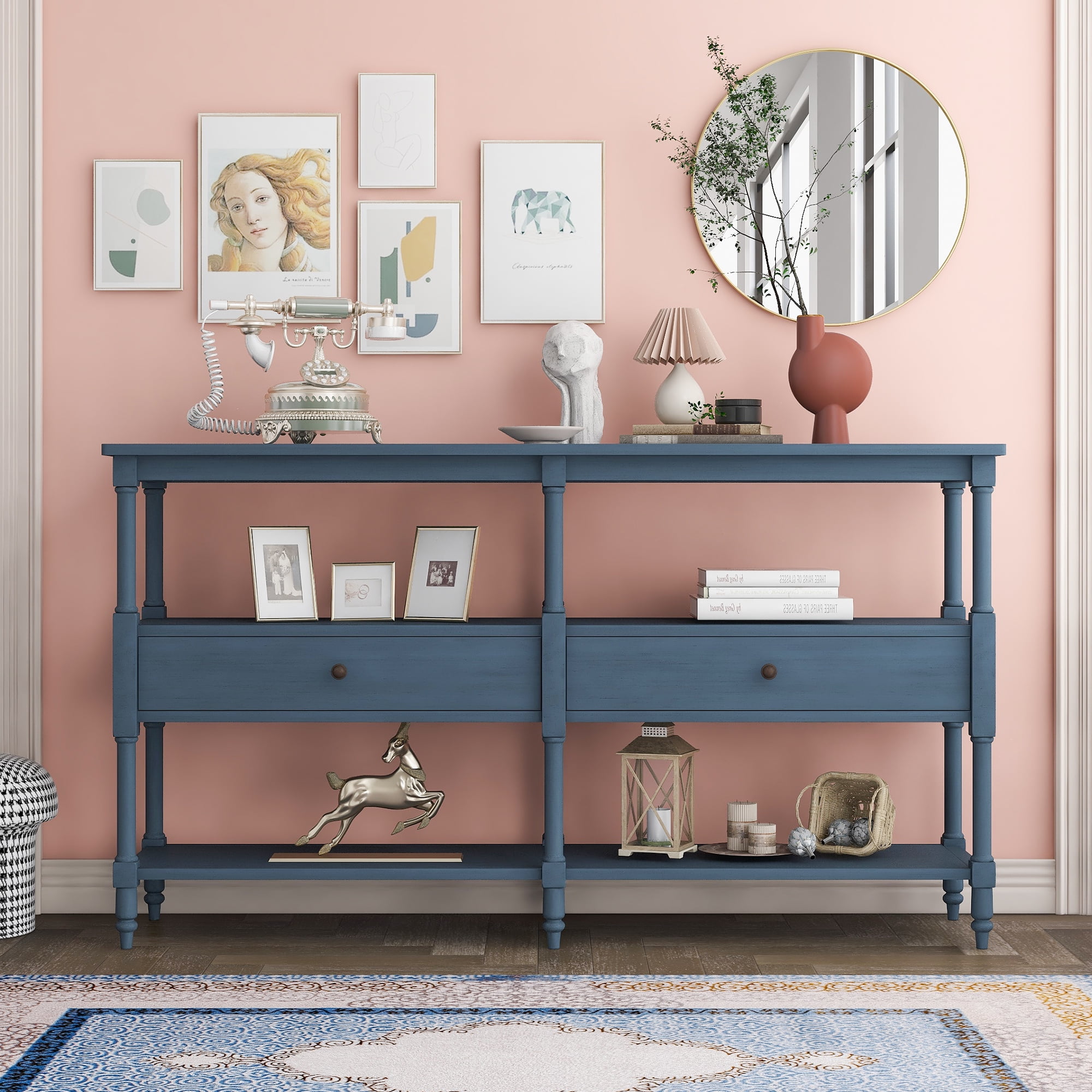 Classic Console Table Sofa Table with 3-Tier Open Storage Shelf and Two ...