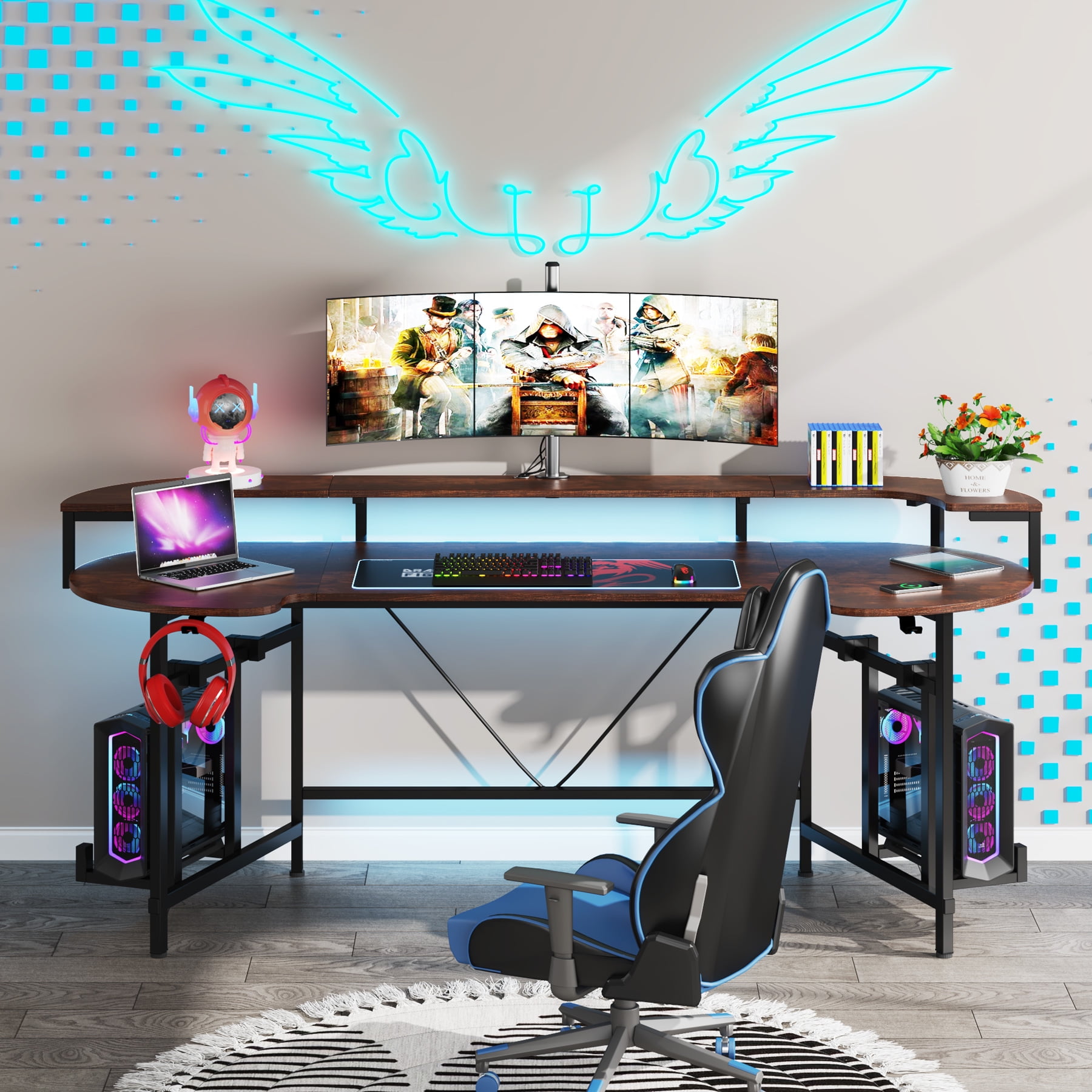 Tribesigns Gaming Desk with Monitor Shelf, 75 inch PC Computer Desk ...