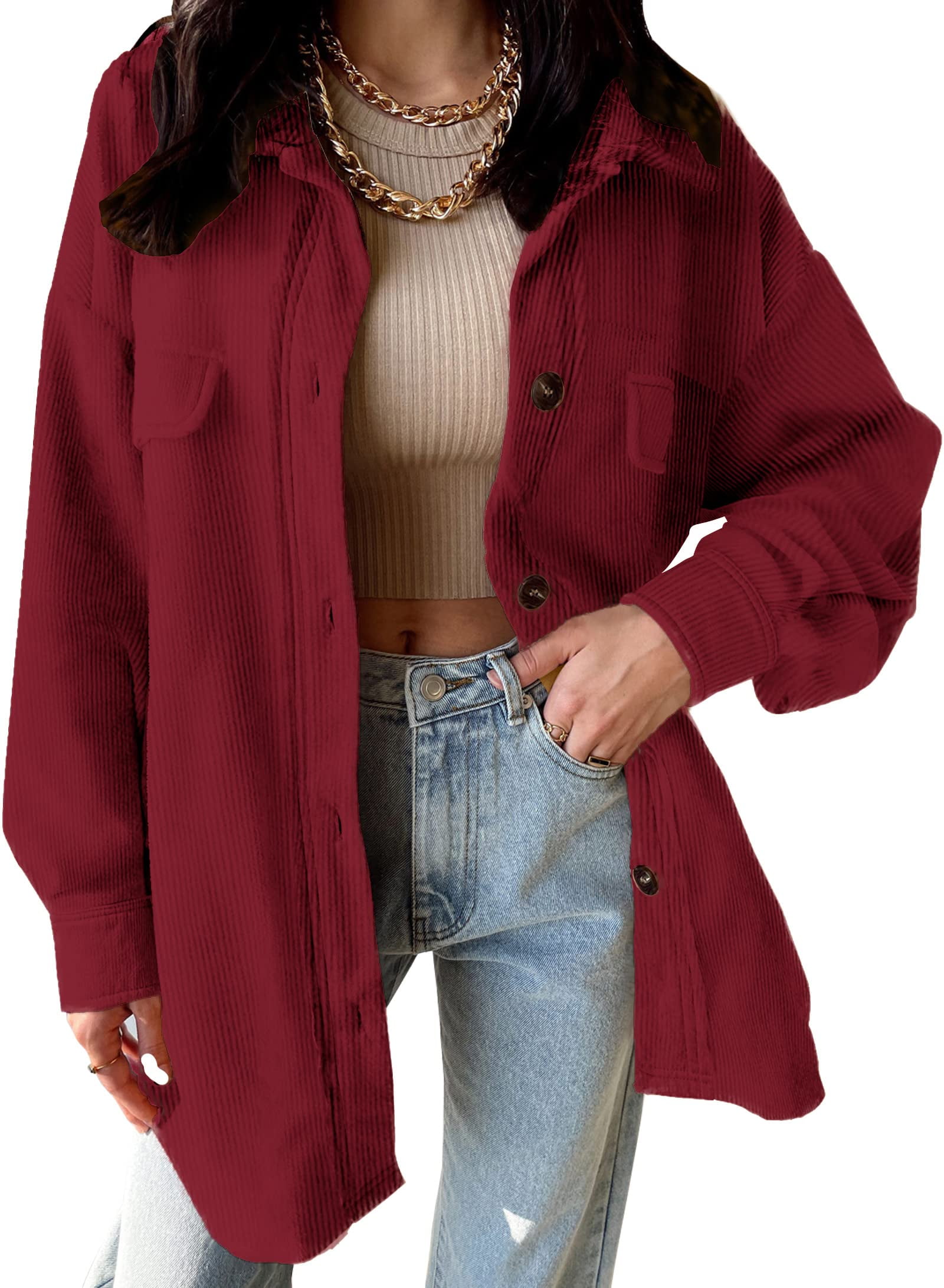 Vafful Womens Corduroy Shacket Blouses Oversize Boyfriend Button Down ...