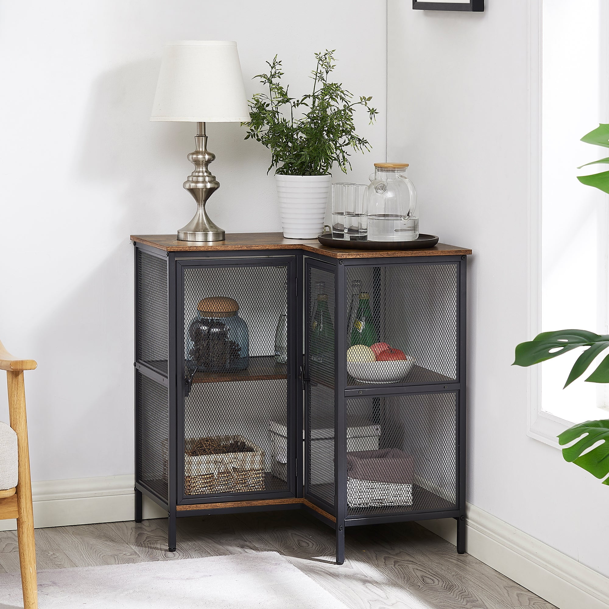 VECELO 3-Tier Corner Cabinet with Doors and Storage Shelves, L-shaped ...