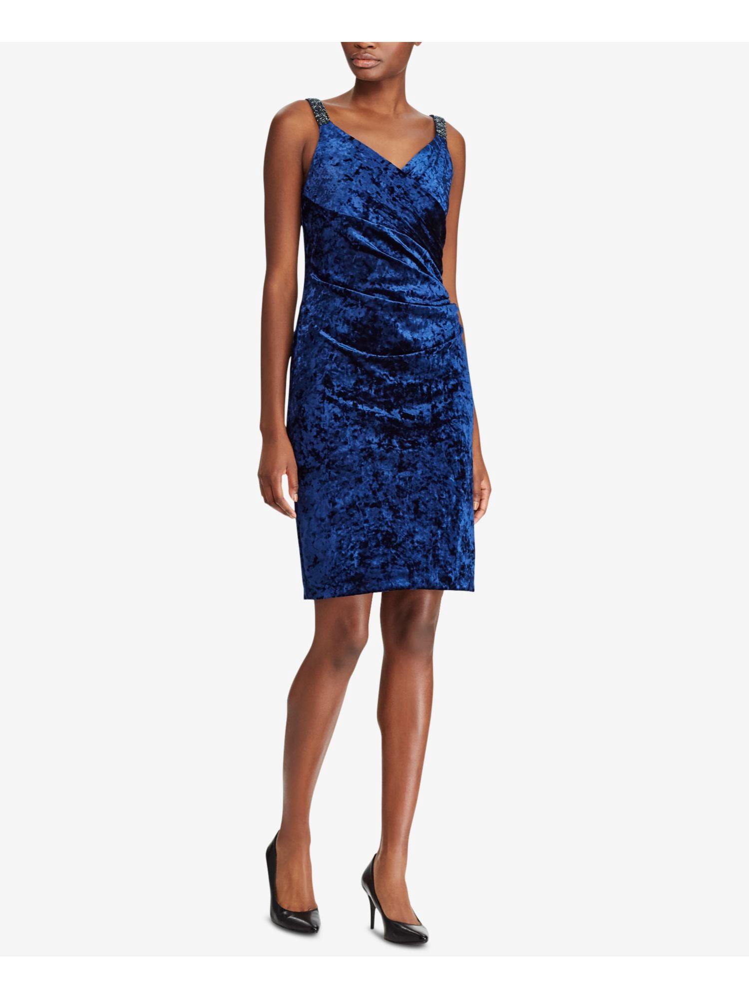 RALPH LAUREN Womens Blue Velvet Spaghetti Strap V Neck Above The Knee RALPH LAUREN Womens Blue Velvet Spaghetti Strap V Neck Above The Knee