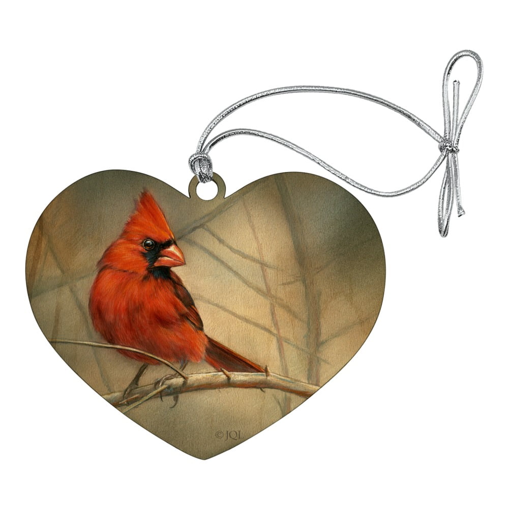 Cardinal Red Bird on Tree Branch Heart Love Wood Christmas Tree Holiday ...