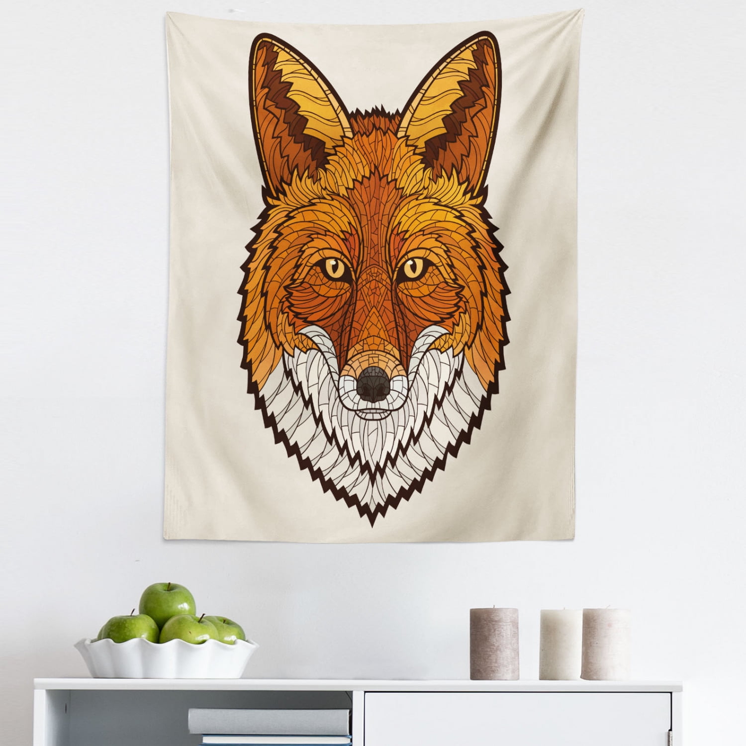 Fox Tapestry, Wild Fox Portrait in Mosaic Inspired Style Furry Animal ...