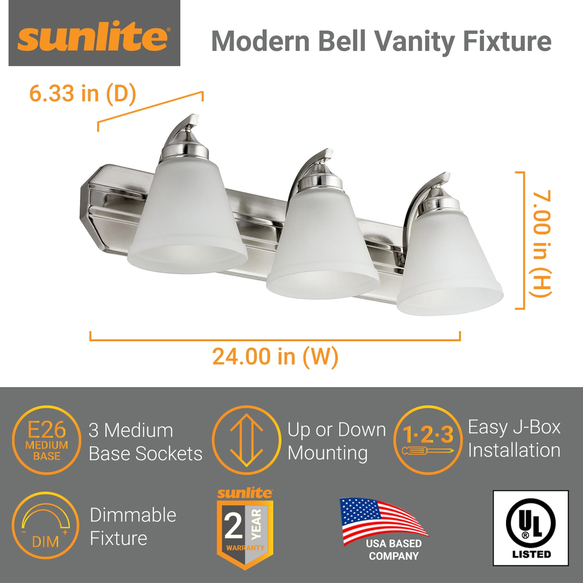 Sunlite Modern Incandescent Vanity Light Fixture, Bell-Shaped Frosted ...