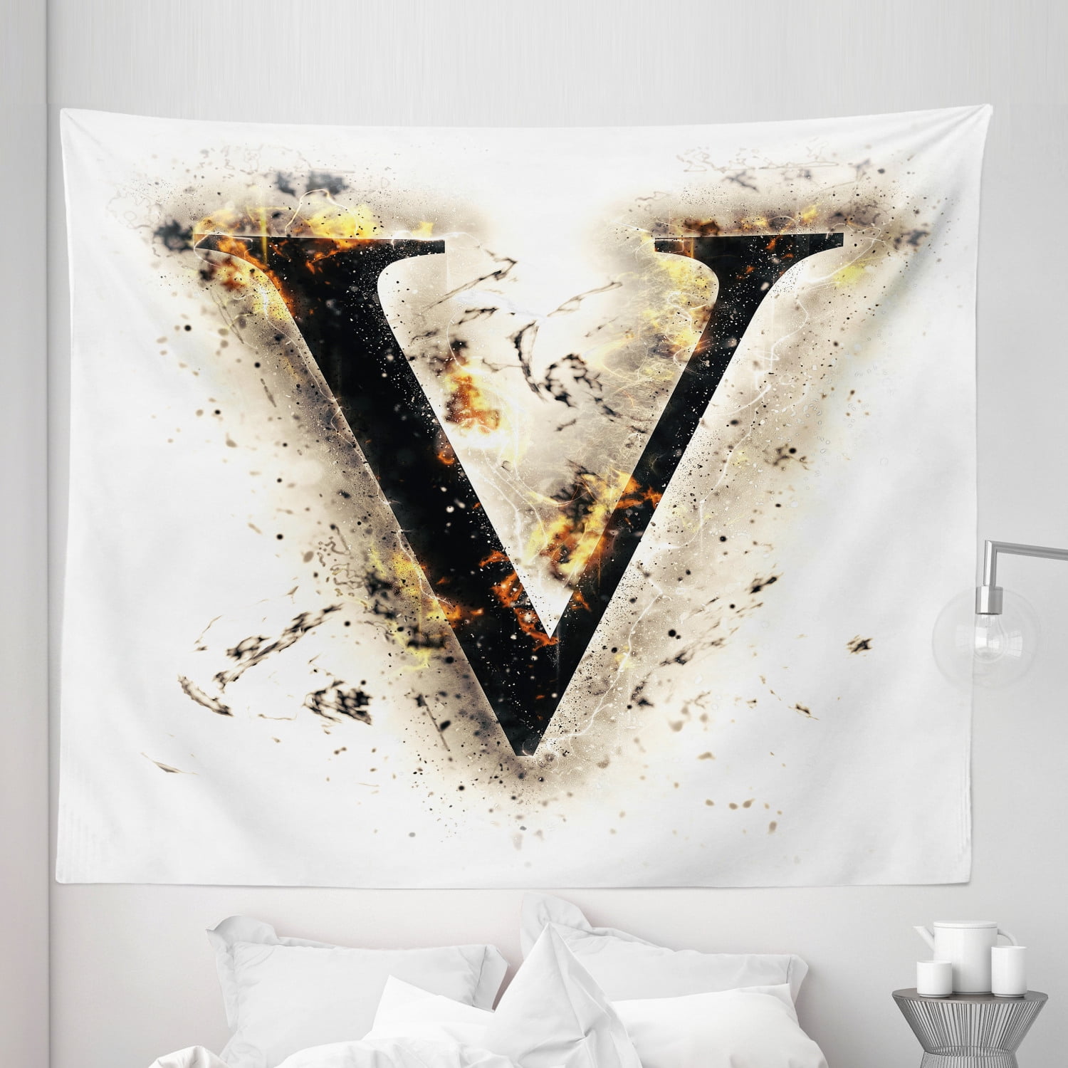 Letter V Tapestry, V Shape Burning Cool Letter Design Hot Alphabet ...