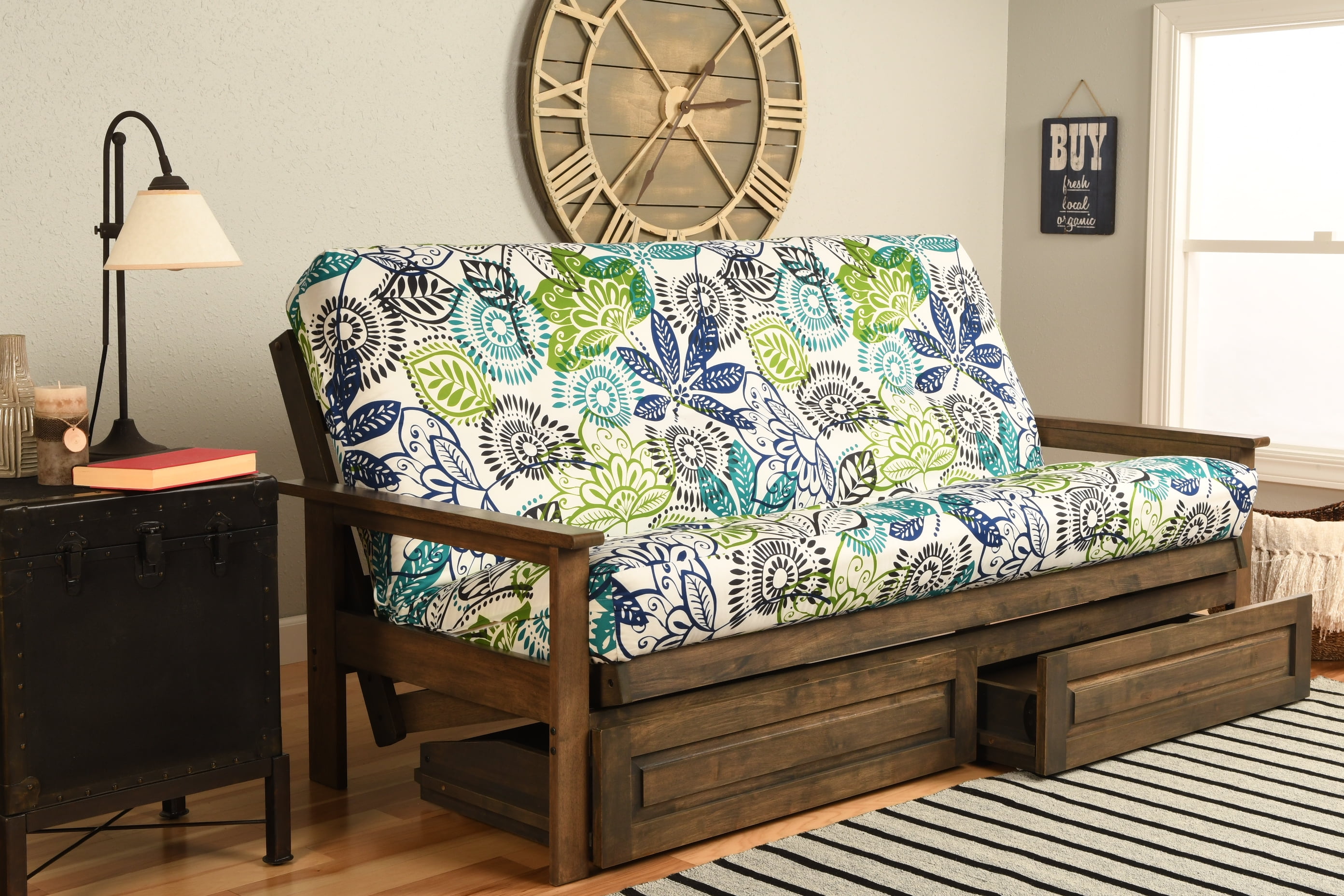Albany Futon with storage in Rustic Walnut Finish, Multiple Colors ...