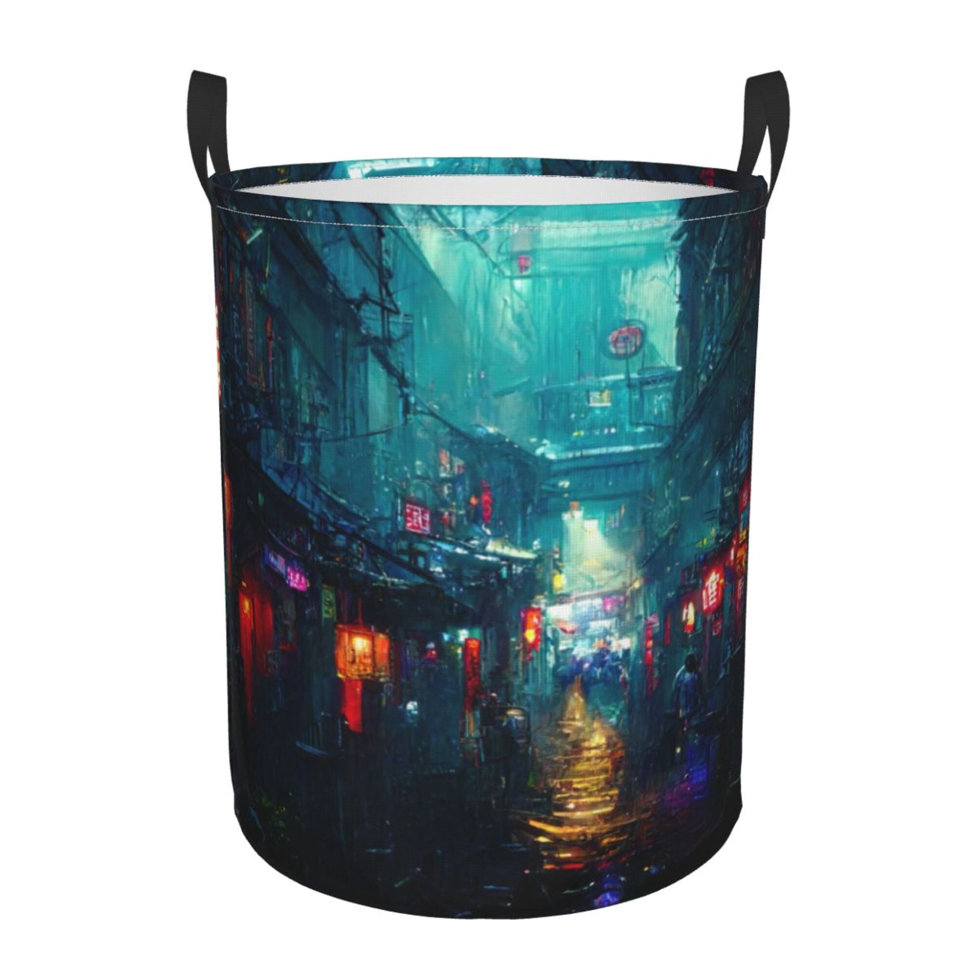 XMXY Round Laundry Basket Organizer, Cyberpunk Rain City Waterproof ...