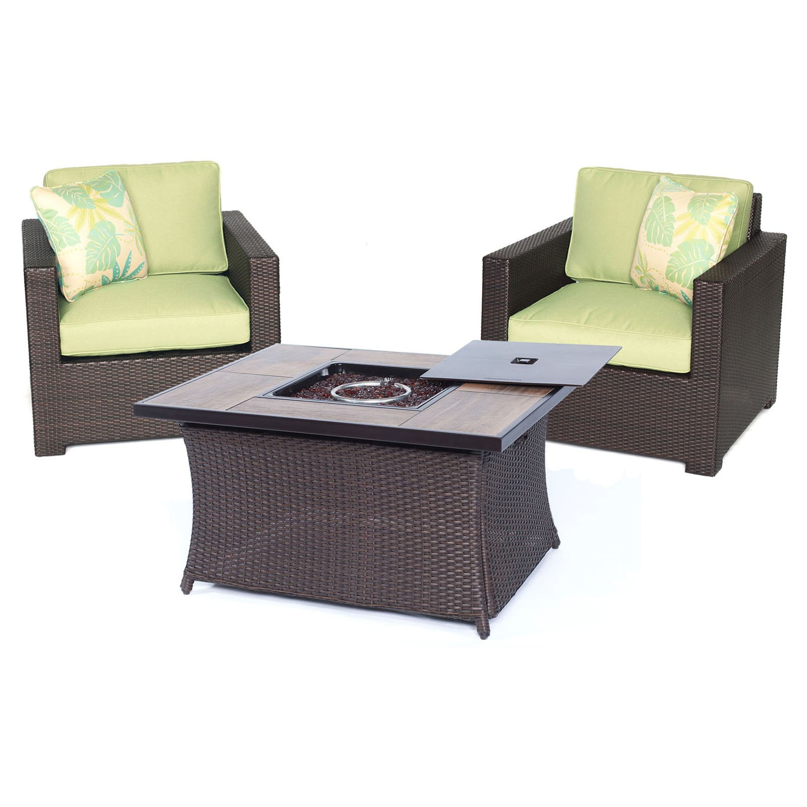 Hanover Metropolitan 3-Piece Woven Fire Pit Chat Set with Glazed Faux ...