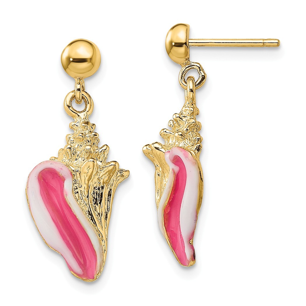JewelryWeb - 14k Gold Enamel Conch Shell Long Drop Dangle Earrings Pink ...