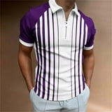 Purple Golf Polo Male Casual Stripe Print Zipper Turn Down Collar ...
