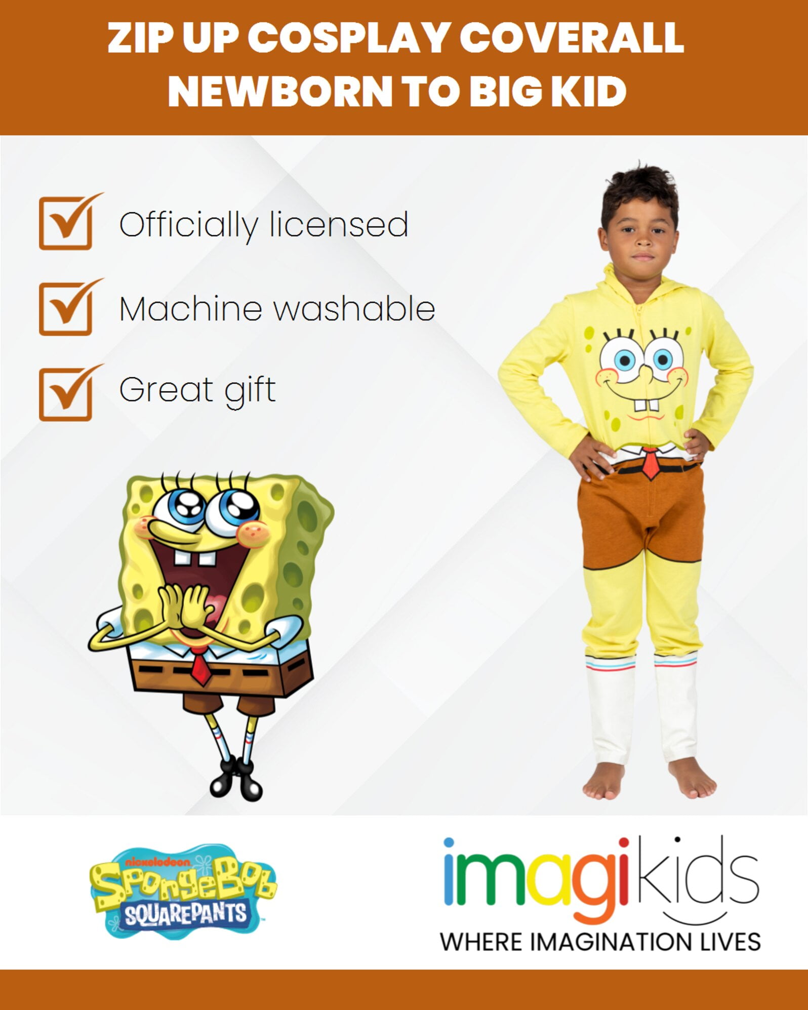 Kids Costume Nickelodeon SpongeBob SquarePants Zip-Up Cosplay Coverall ...
